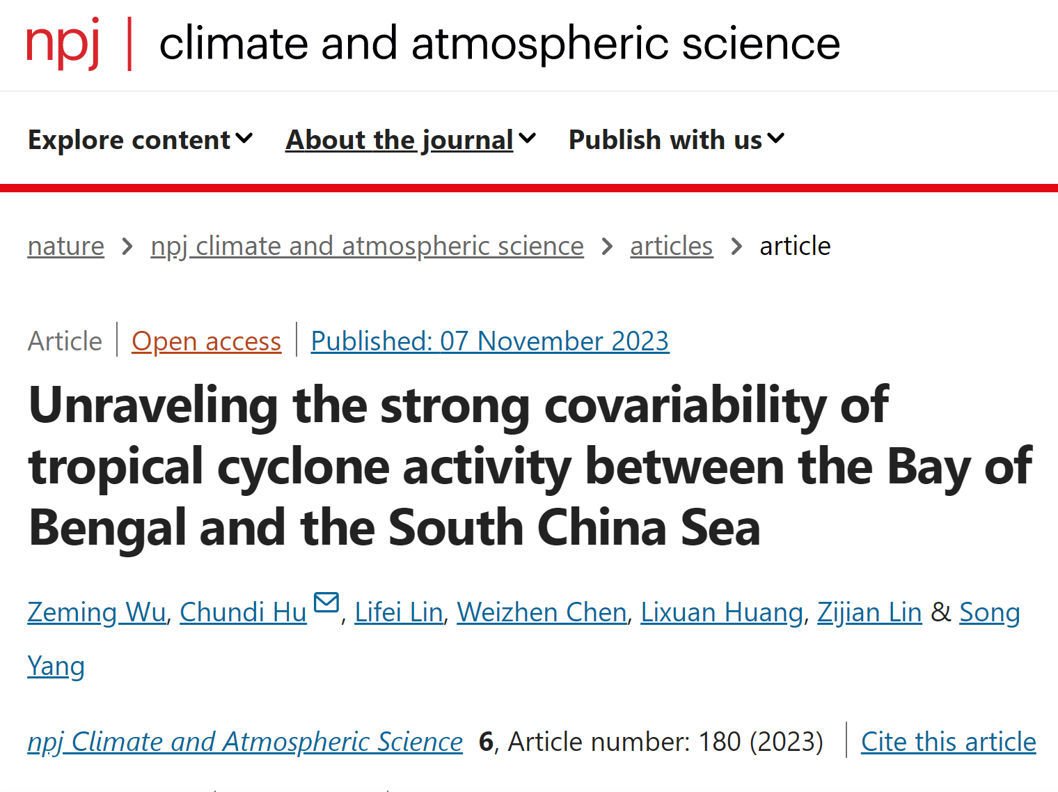 浙江大学海洋学院学者发文npj Climate and Atmospheric Science 揭示孟加拉湾-中国南海热带气旋活动的强协变性